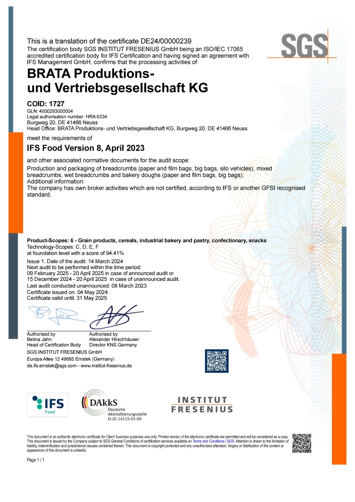 Certification - BRATA Produktions- und Vertriebsgesellschaft KG